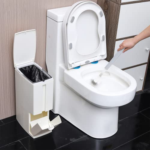 Cq acrylic Slim Plastic Trash Can with Press Top Lids for Bathroom,2.1 Gallon Garbage Can with Toilet Brush Holder,Waste Bin Between Wall & Toilet Dogproof Slim Rectangular Trash Bin for Toilet White
