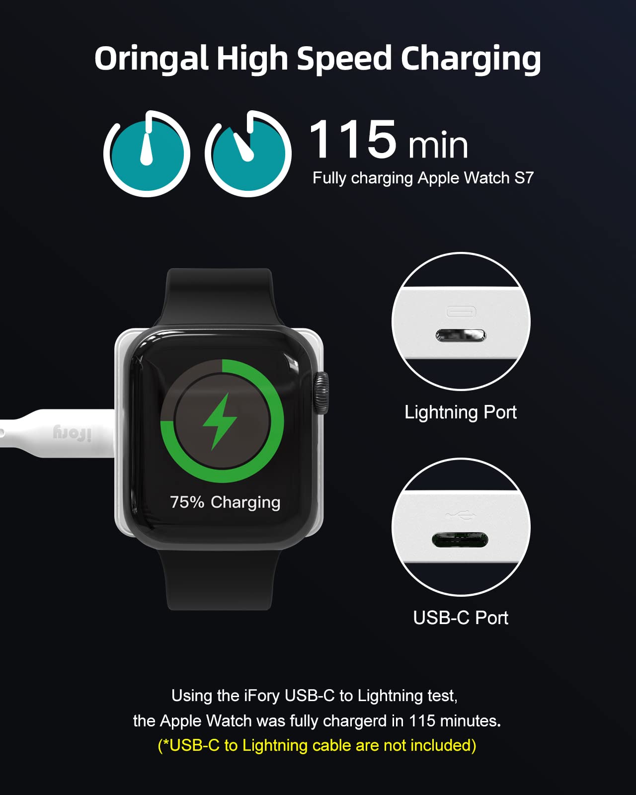 iFory Watch Charger Designed for Apple Watch Series 6/SE/5/4/3 MFi Certified Magnetic Wireless Charger with Dual Port USB C and Lightning - CloudWhite