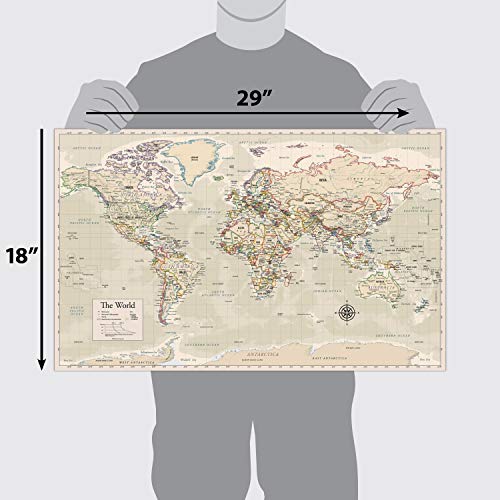 Antique Style Laminated World Map - 18" x 29" - Wall Chart Map of the World - Made in the USA - Updated (LAMINATED, 18" x 29")