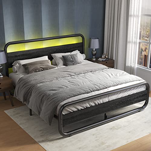 Catrimown King Bed Frame with Headboard LED Bed Frame King Metal Platform Bed Frame King Size Heavy Duty King Wood Platform Bed Frame Under Bed Storage Noise Free No Box Spring Needed