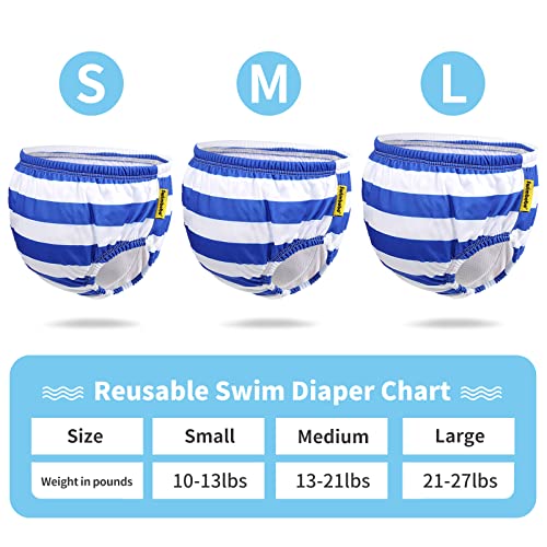 FreeSwimmingBaby Reusable Absorbent Swim Diaper Washable Striped swim Trunks for Baby Boys and Girls (L, White+Blue)