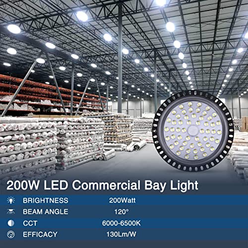 200W UFO LED High Bay Light No Plug, 20000 Lm 6500K Energy Saving and Waterproof Garage Industrial Light for Warehouse Commercial Shop Workshop Factory Lowbay Area Lighting 10Pack