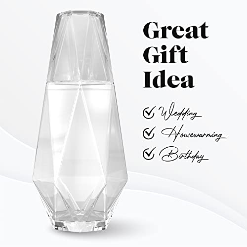 Fifth Avenue Crystal Modern Geometric Bedside Water Carafe with Tumbler- Elegant Pitcher and Matching Drinking Glass Doubles As Lid for Guest Room, Office (Clear)