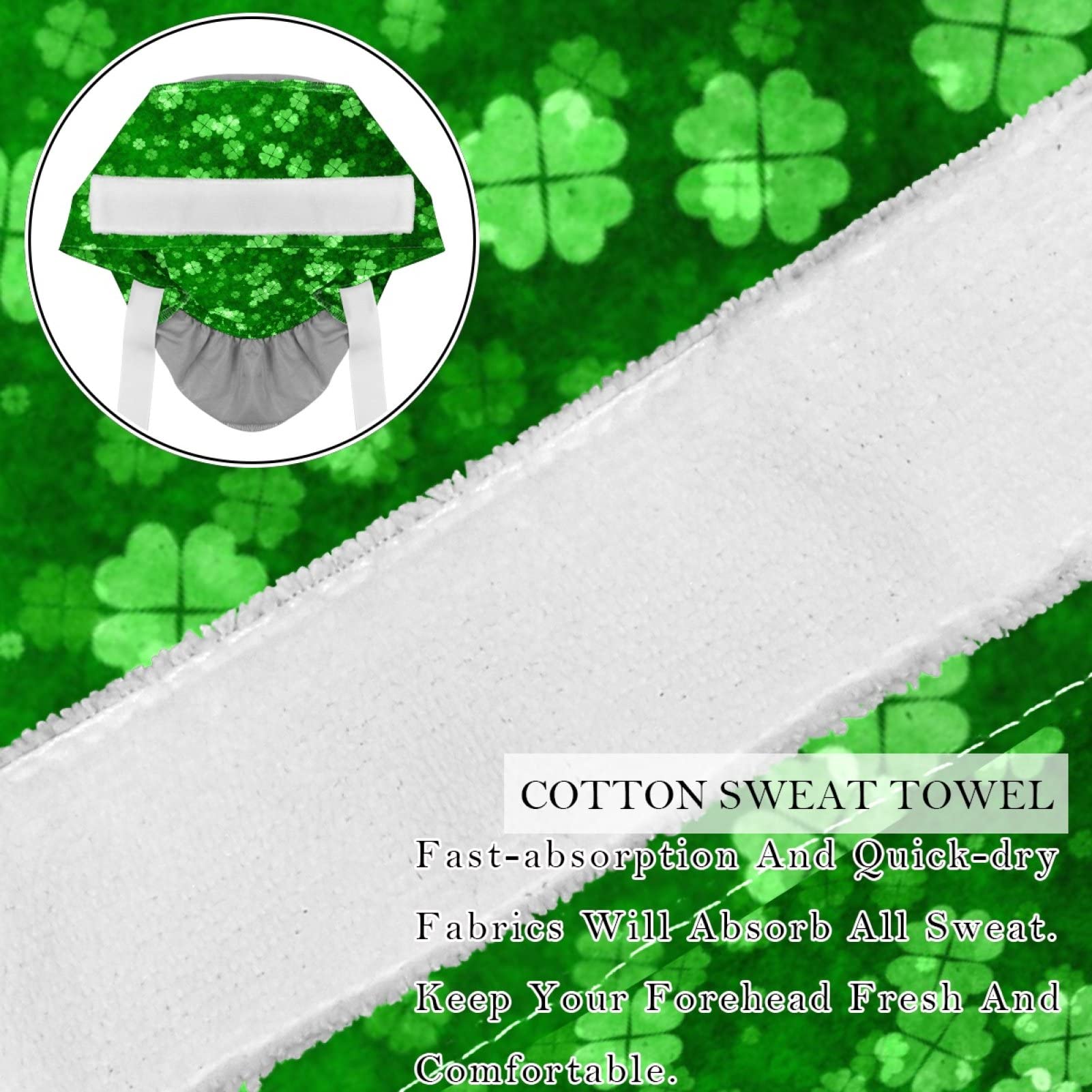 2 Pcs Working Cap with Button Sweatband, Green Clover Leaf Scrub Hats Ponytail Holder for Women Long Hair