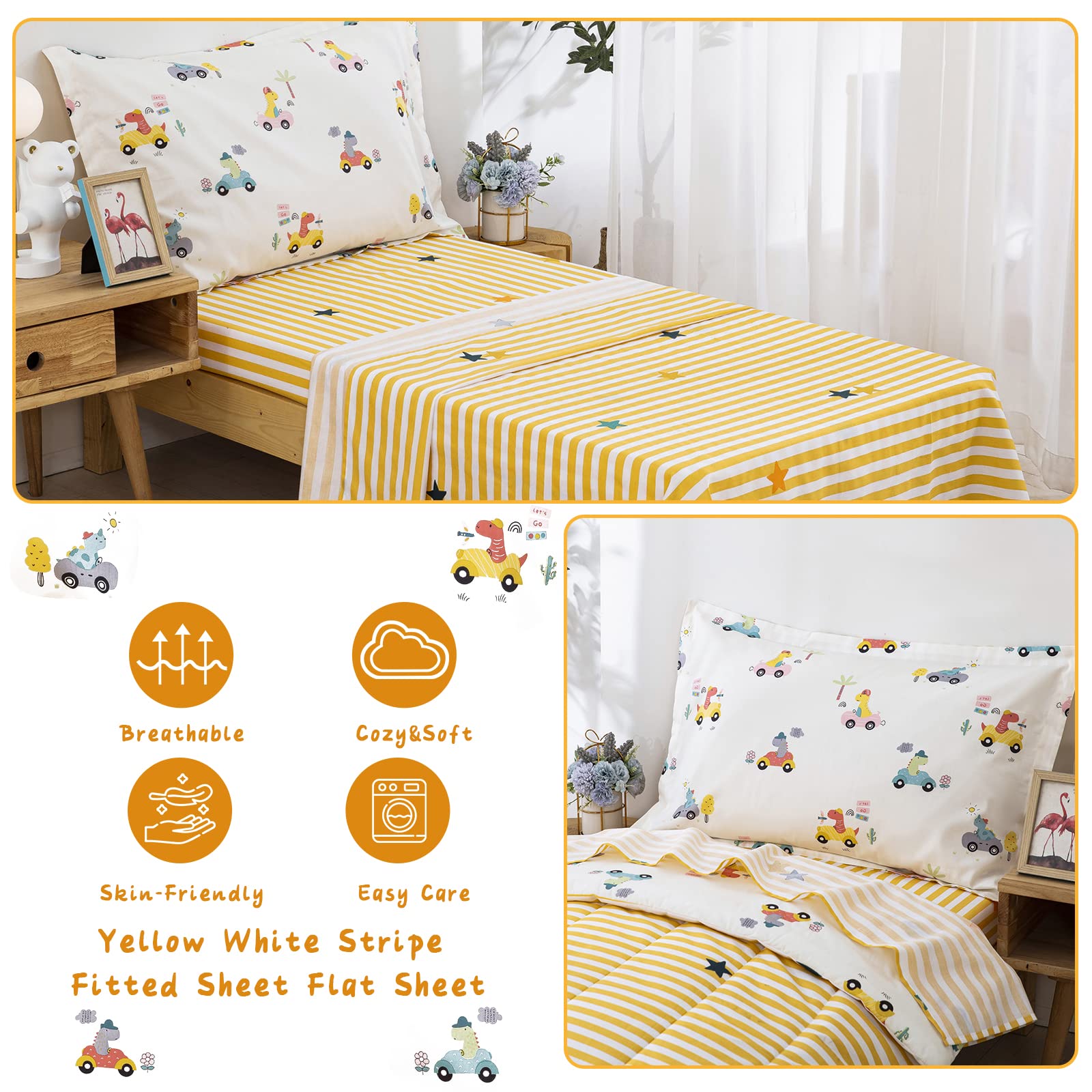 4pcs Cotton Comforter Set for Kids, Dinosaur Car Toddler Bedding Comforter for Boys Girls, Soft Reversible Bedding Set for All Season (1 Comforter,1 Flat Sheet, 1 Fitted Sheet and 1 Pillowcase )