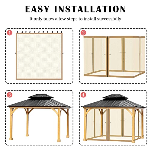 Aoodor Universal 12' x 12' Gazebo Netting Screen Replacement 4-Panel Sidewalls for Patio (Only Netting)