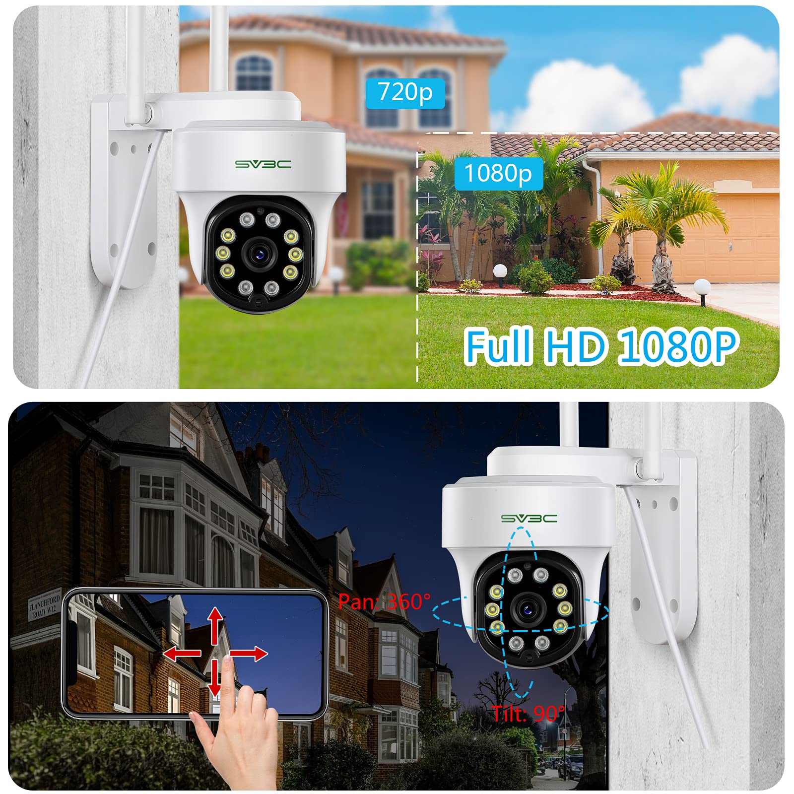 SV3C WiFi Security IP Camera Outdoor, Auto Tracking 1080P PTZ Pan Tilt Home Dome Cameras Support Floodlight Color Night Vision, ONVIF, Humanoid Detect, 2-way Audio, FTP, Cloud&Max 128G SD Card Storage