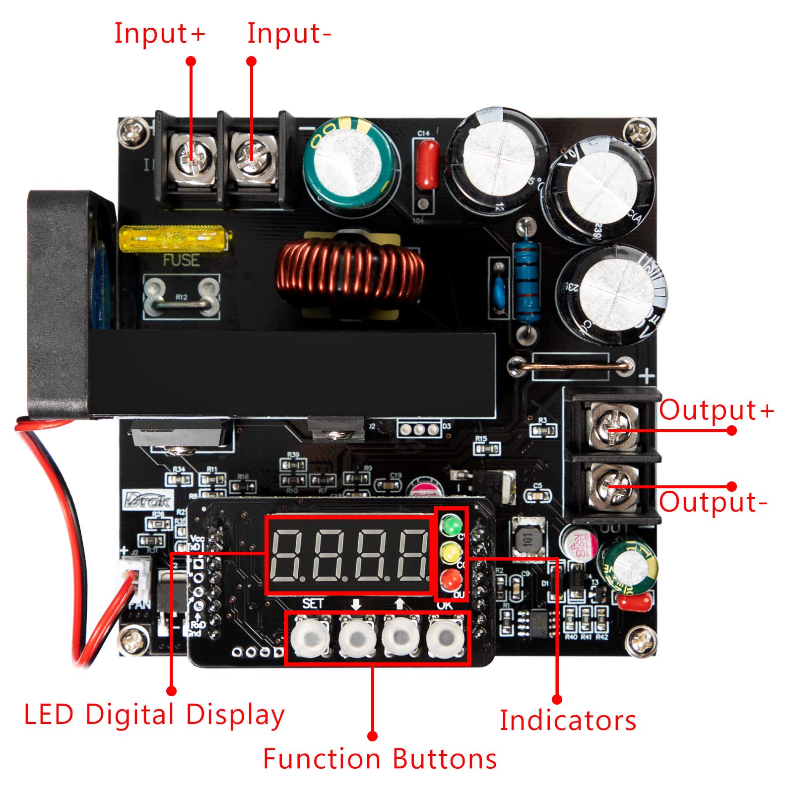 DROK DC Boost Converter 900W, 8-60V to 10-120V 15A Step Up Converter Adjustable Voltage Regulator Output 48V 24V 12V Power Supply with LED Display Cooling Fan