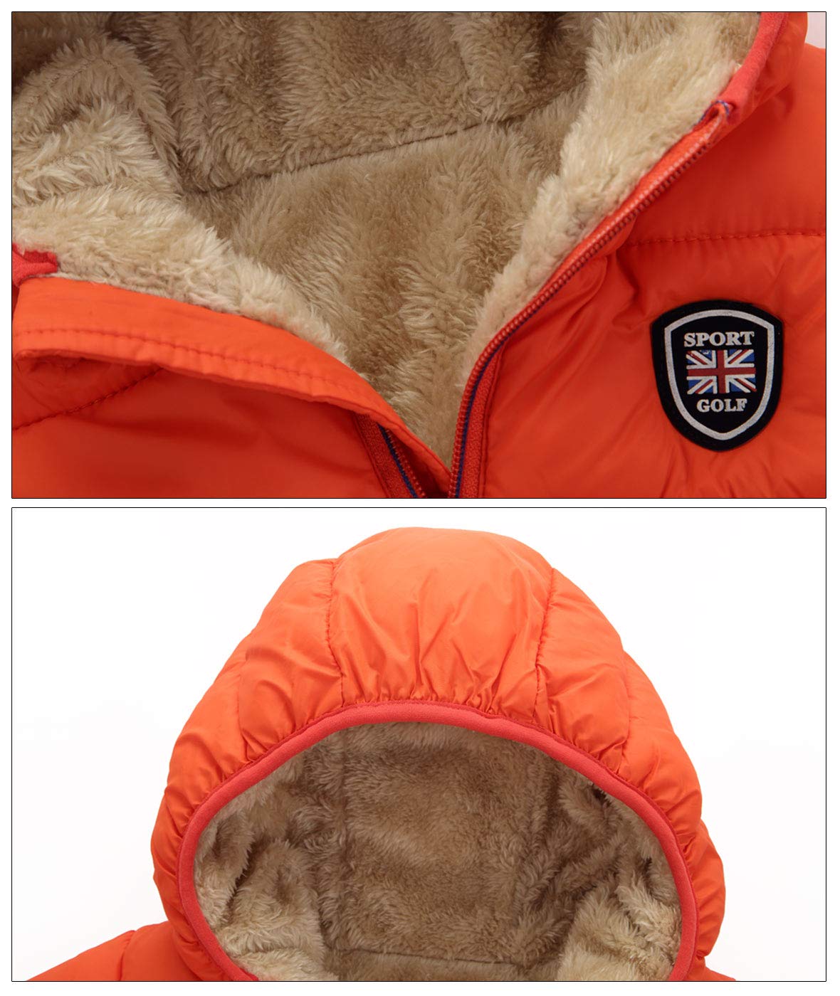 Happy Cherry Kids Winter Windproof Warm Coat Autumn Thick Fur Lined Outwear Hooded Zipper Jacket with Pockets for 2-3 Years, Orange