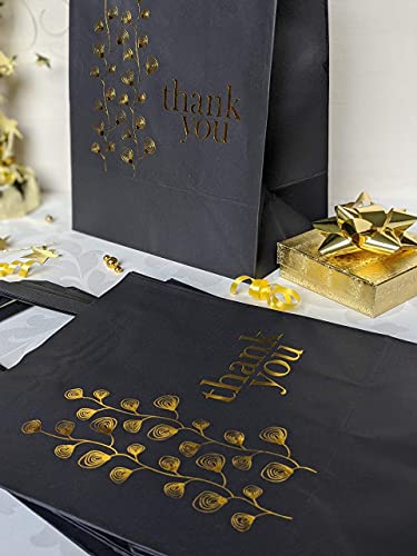 Thank You Bags Bulk with Flat Handles Pack of 50, Black Kraft Paper Bags with Gold Foil Stamp Image Medium Size 10x 4.75 x 8 Inches