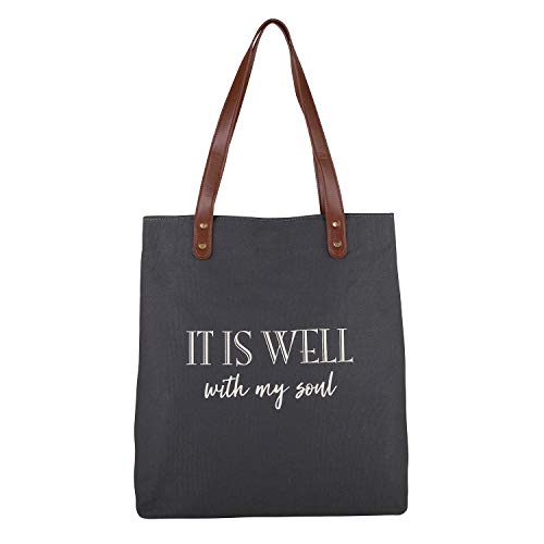 Creative Brands Joyful Expressions Charcoal Grey Canvas & Leather Tote, 13.5 x 16-Inch, It is Well