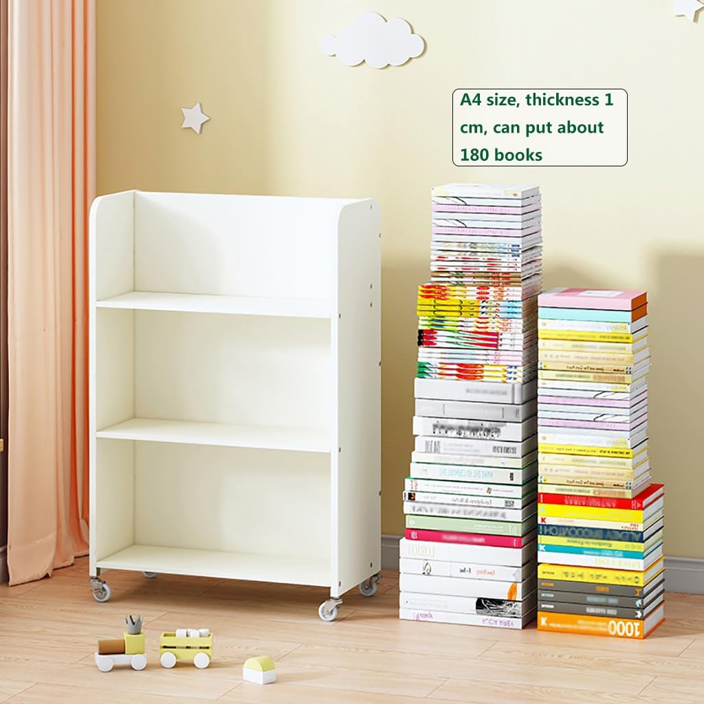 3 Tier Mobile Bookcase with Double Sided Storage, Kids Open Bookshelf on Lock Wheel, Rolling Organizer Display Shelf, White BookShelves for Small Spaces in Home Office Kids Room, 25"L×11.8"W×37.8"H