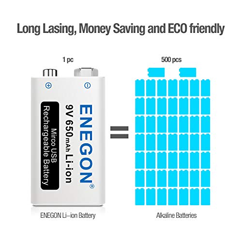 ENEGON 9V Direct USB Rechargeable Lithium-ion 650mAh Batteries with 2 in 1 Micro USB Cable for Wireless Microphone, Smoke Alarms, Electronic Toys, Walkie-Talkie and More Devices (4 Pack)