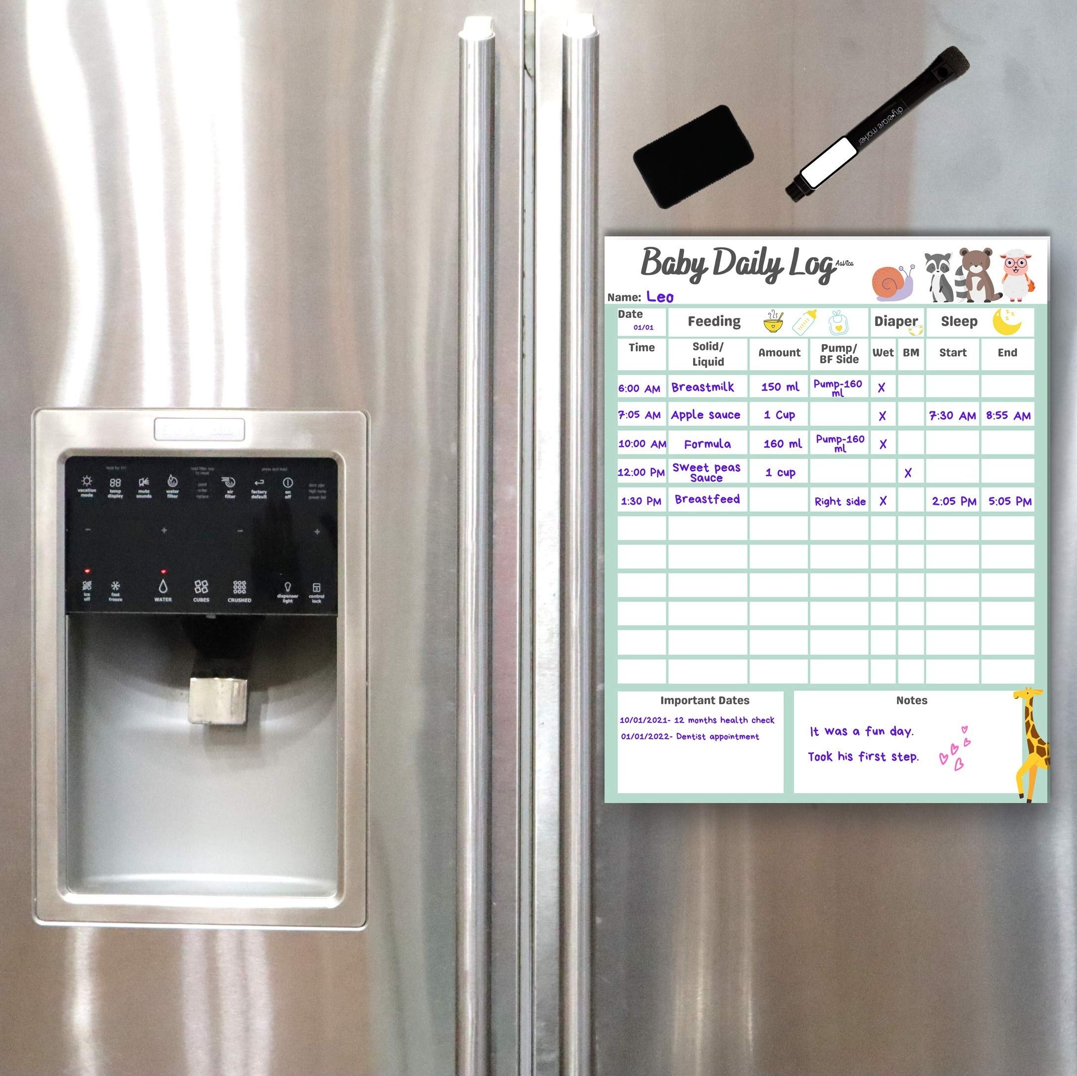 Baby Daily Log Chart Dry Erase Whiteboard for Logging Daily Schedule for Newborns and Toddlers, Log Feeding, Diaper Change, Naps and Daily Activities, Board for Refrigerator, with Pen and Eraser