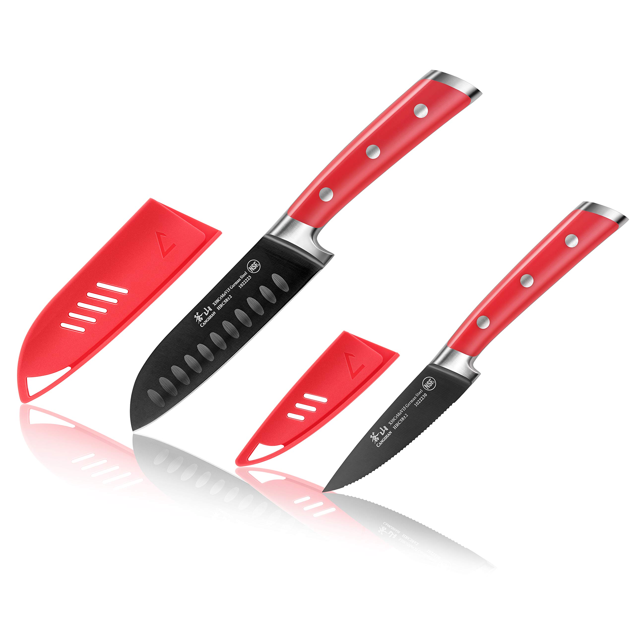 Cangshan S+ Series 1022131 German Steel Forged 2-Piece Titanium Coated Santoku Starter Knife Set with Sheaths, Jupiter Red