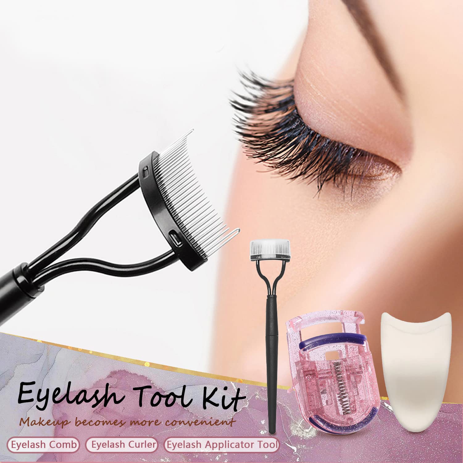 3 in 1 Eyelash Application Tool Kit,Mascara Comb Eyelash Separator Portable Mini Eyelash Curler and False Eyelash Applicator Tweezers Extensions Clips Eyelashes Buddy Kit (A)