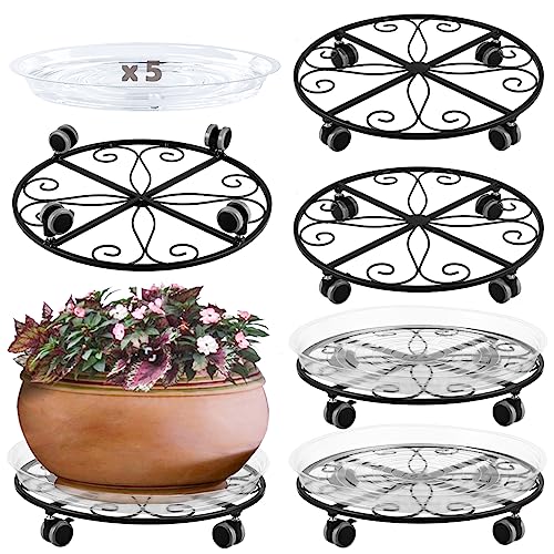 5 Pack Plant Caddy with Wheels Heavy Duty 16 Inch Large Metal Plant Stand with Wheels Plant Dolly Rolling Plant Stand Plant Roller with Casters for Indoor and Outdoor with 5 Pack Plant Saucers, Black