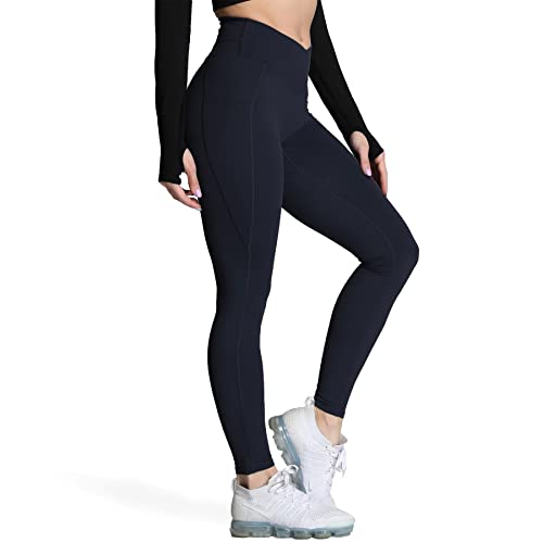 Aoxjox Trinity High Waisted Yoga Pants with Pockets for Women Tummy Control Cross-Waist Buttery Soft Crossover Workout Leggings (Black V-Waist, Medium)