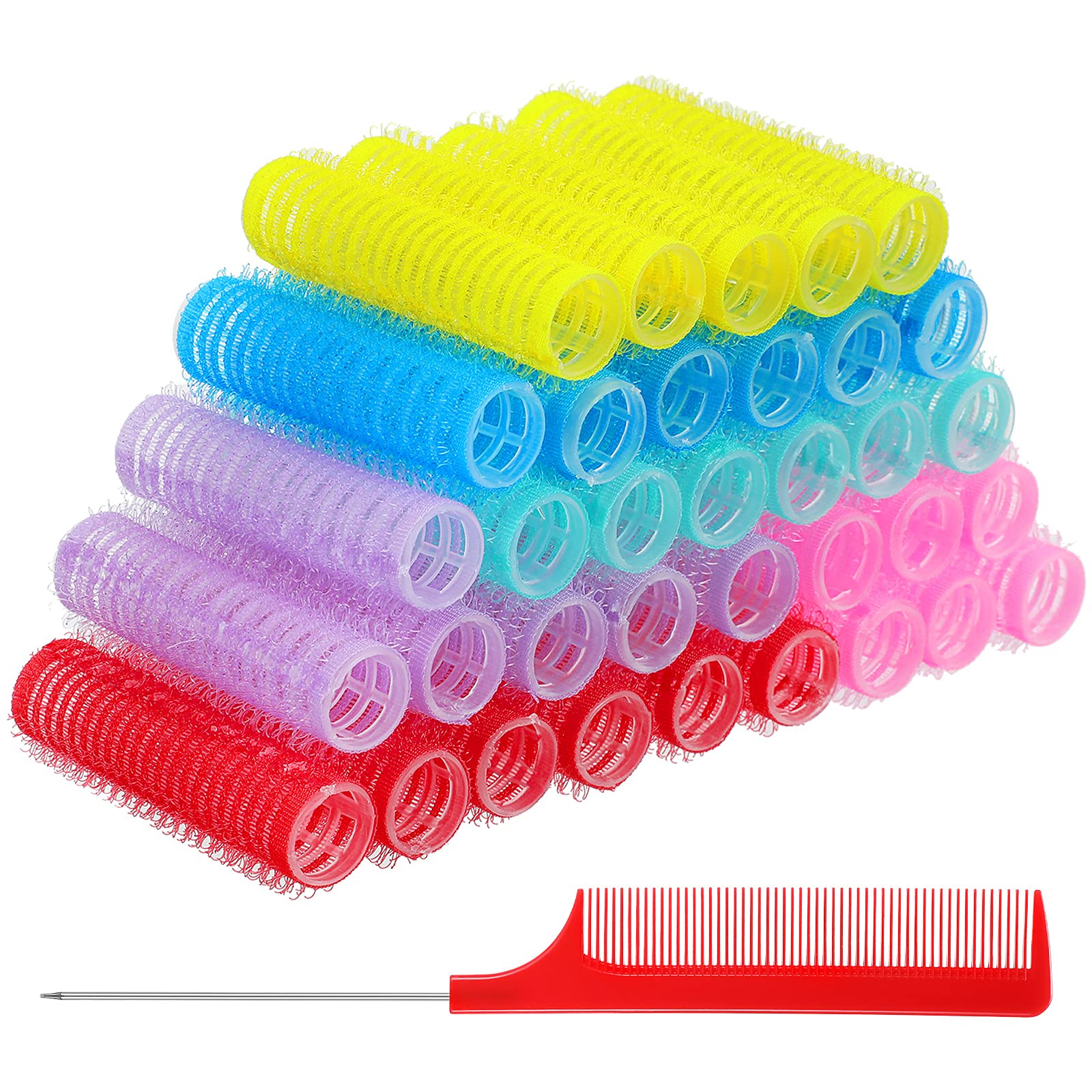 Syhood 36 Pieces Nylon Hair Rollers Curlers Set, Small Self Grip Salon Hairdressing Curlers Hair Rollers DIY Rat Tail Comb Hairdressing Tools for Women, Classic Colors Set