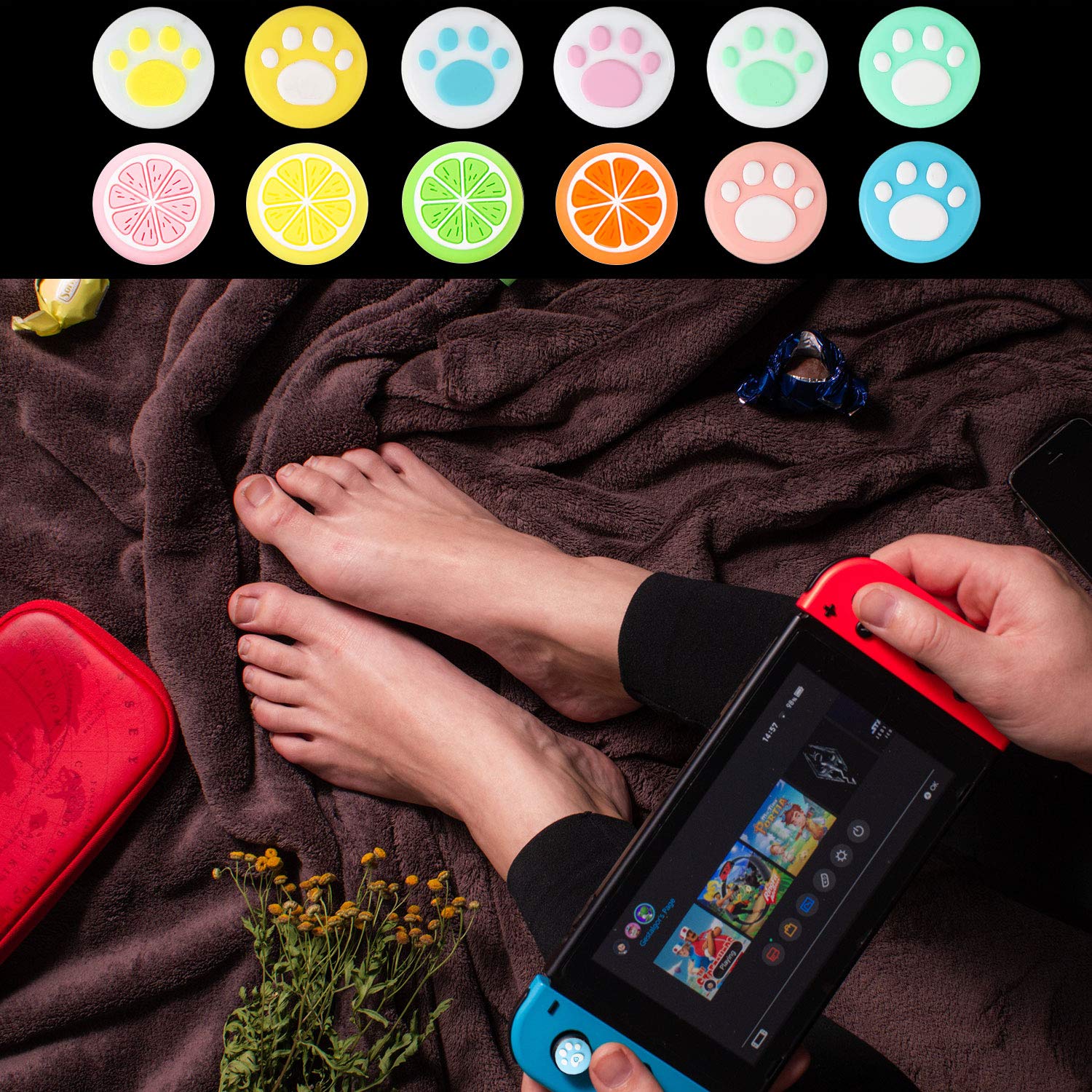 24 Pieces Replacement Cute Cat Paw and Fruit Lemon Design Thumb Grip Caps Thumb Grip Analog Stick Cover Joystick Cap Soft Silicone Cover Compatible with Nintendo Switch, Switch Lite Joy-Con Controller