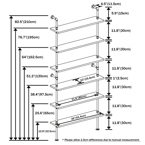 Anynice 6 Tier Industrial Ladder Pipe Shelf Bookcase, Rustic Wall Mounted Pipe Bookshelves for Decor and Storage