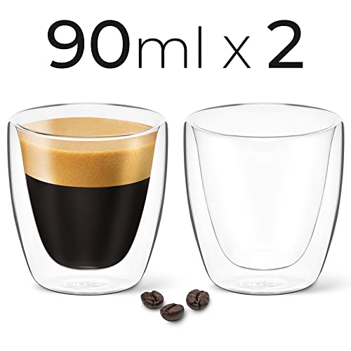 DLux Espresso Coffee Cups 3oz, Double Wall, Clear Glass Set of 2 Glasses, Insulated Borosilicate Glassware Tea Cup Mug
