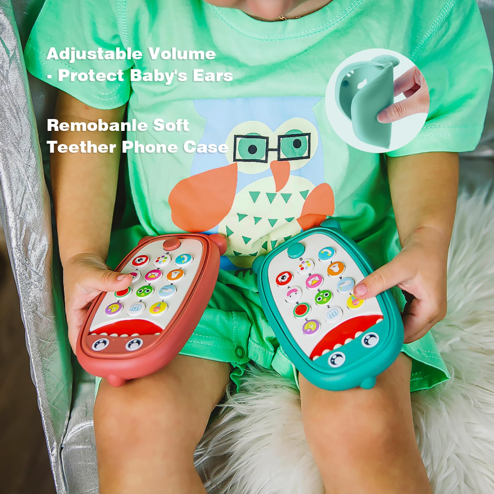 Baby Dinosaur Cell Phone Toy Removable Soft Teether Case, Lights, Music & Adjustable Volume Kids Play & Learn Pretend Phone Infant Toddler, Preschool Holiday Birthday Gift Girl Boy 18 Months (Green)
