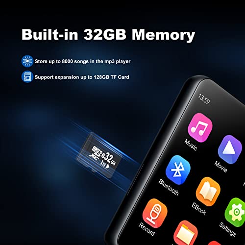 32GB MP3 Player with Bluetooth 5.0, Full Touch Screen MP3 and MP4 Player, Kids MP3 Player Portable Speakers Music Player Support FM Radio Recording Max Support TF Card 128GB(Black)