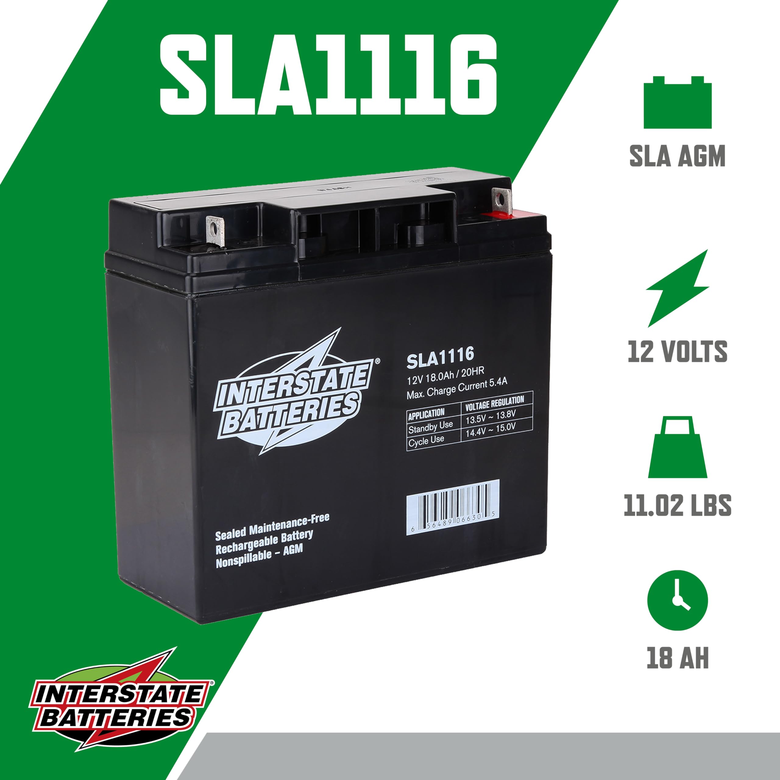 Interstate Batteries 12V 18Ah Battery (2-Count) (Nut & Bolt Terminal) SLA AGM VRLA Rechargeable Replacement for Solar Power, Generators, Medical Devices, Fences (SLA1116)