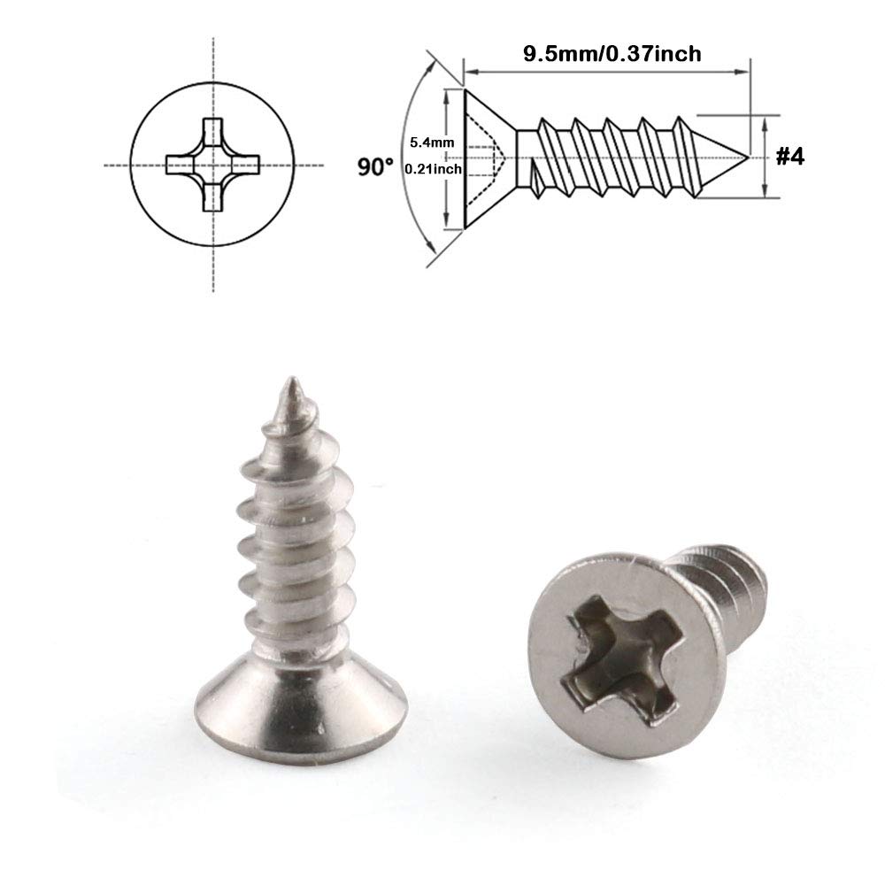 E-outstanding 100pcs #4 x 3/8" Phillips Wood Screw Stainless Steel 304 Flat Countersunk Head Self Tapping Screw, Silver Tone