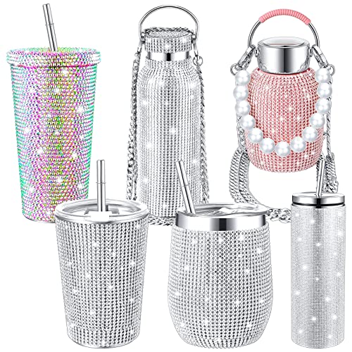 6 Pieces Bling Cup Glitter Rhinestone Water Bottle Insulated Studded Bling Tumbler Refillable Diamond Stainless Steel Thermal Bottle with Chain Lids Straws for Wine Coffee, 12 oz, 17 oz, 20 oz, 25 oz