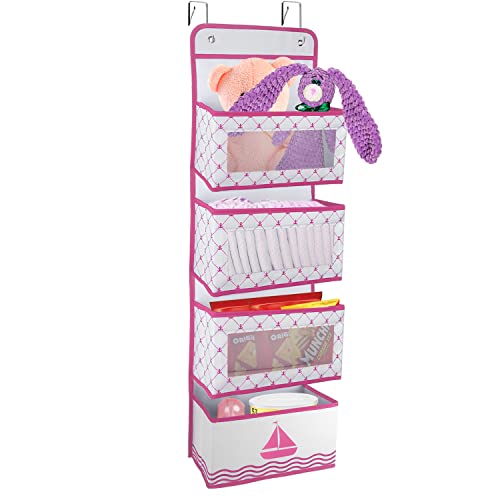 Boczif Over Door Hanging Organizer, Wall Mount Storage with 4 Large Pocket and Mesh Clear Window, Closet Door Organizer for Children's Rooms,Nursery, Bedroom, Kids Toys, Shoes, Diapers(1-Pink)