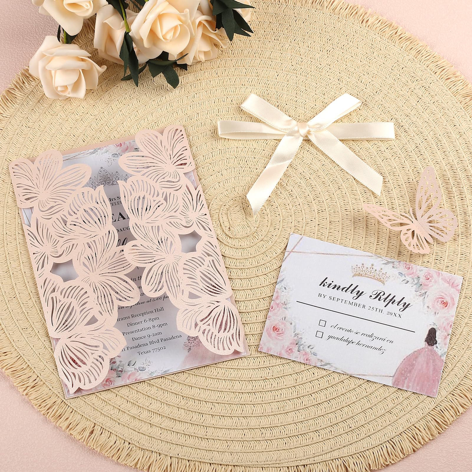 50pcs Pink Wedding Invitations Personalized with Envelopes and RSVP Cards Blank Laser Cut Hollow Flower Invitation Kits Butterfly Invitations for Engagement Wedding Birthday Party Bridal Shower