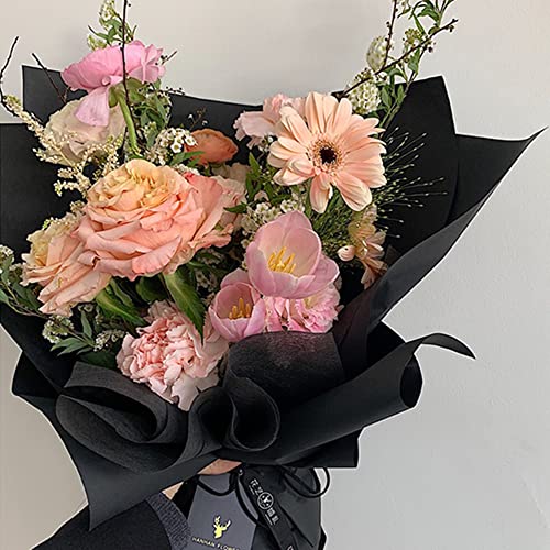 BBJ WRAPS Hand-drawn Tissue Flower Wrapping Paper Korean Non-woven Waterproof Floral Bouquet Wraps for Florist Packaging Arrangement, 23x18 Inch - 50 Sheets (Black)