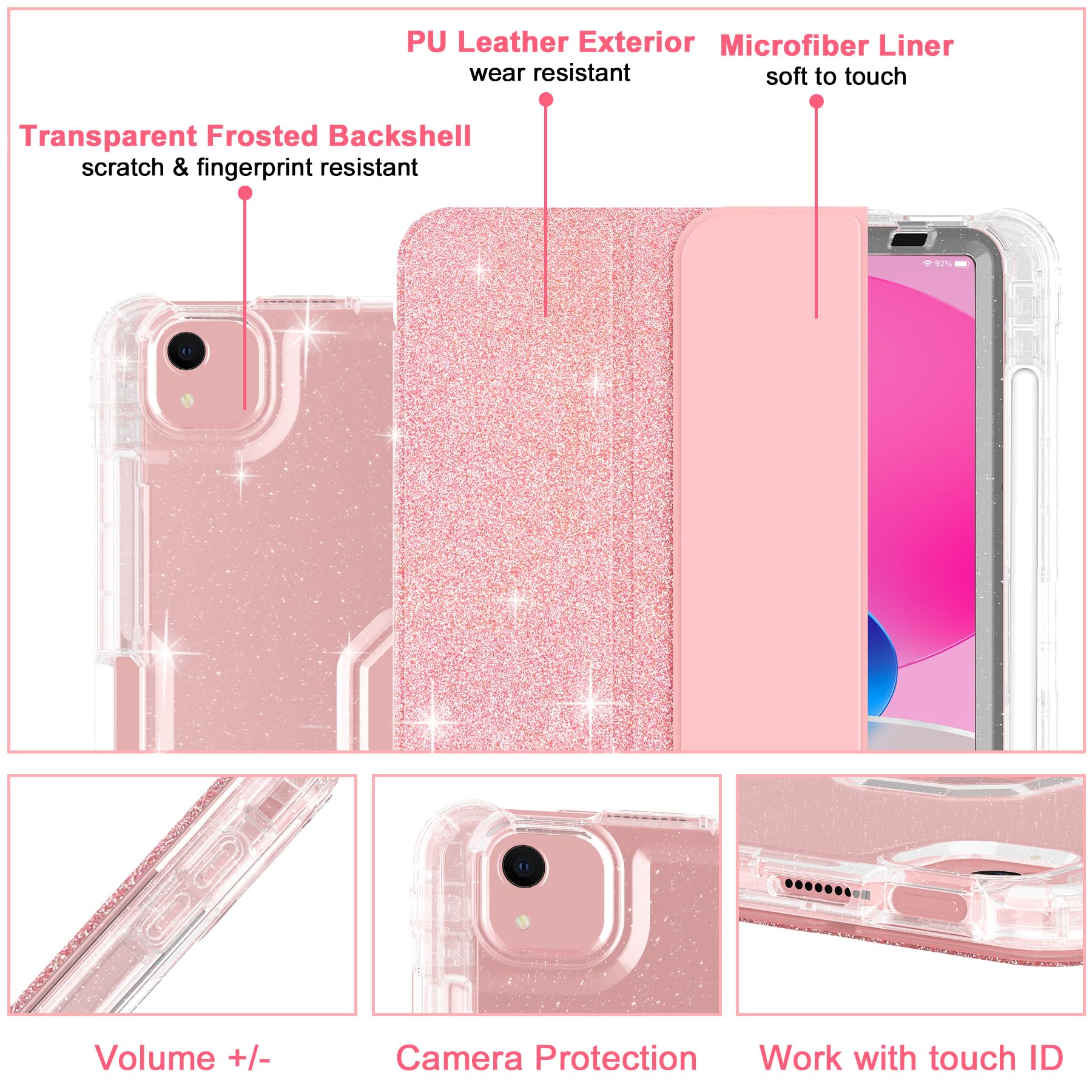 iPad Air 11 Inch Case 2024, iPad Air 5th/4th Gen Case 2022/2020 10.9 Inch with Pencil Holder, Auto Wake/Sleep, Sparkly Glitter Trifold Stand Leather Cover with Shiny Clear TPU Back, Rose Gold