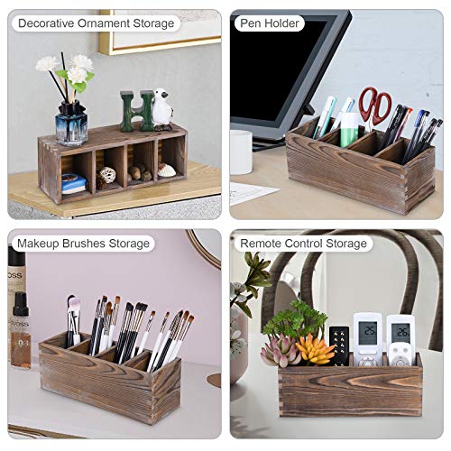 WuGeShop Wood Remote Control Holder 4 Compartments, Rustic Wooden Table TV Remote Caddy, Multi-use Desktop Remote Storage Organizers for Controller, Pencils, Pens, Phones