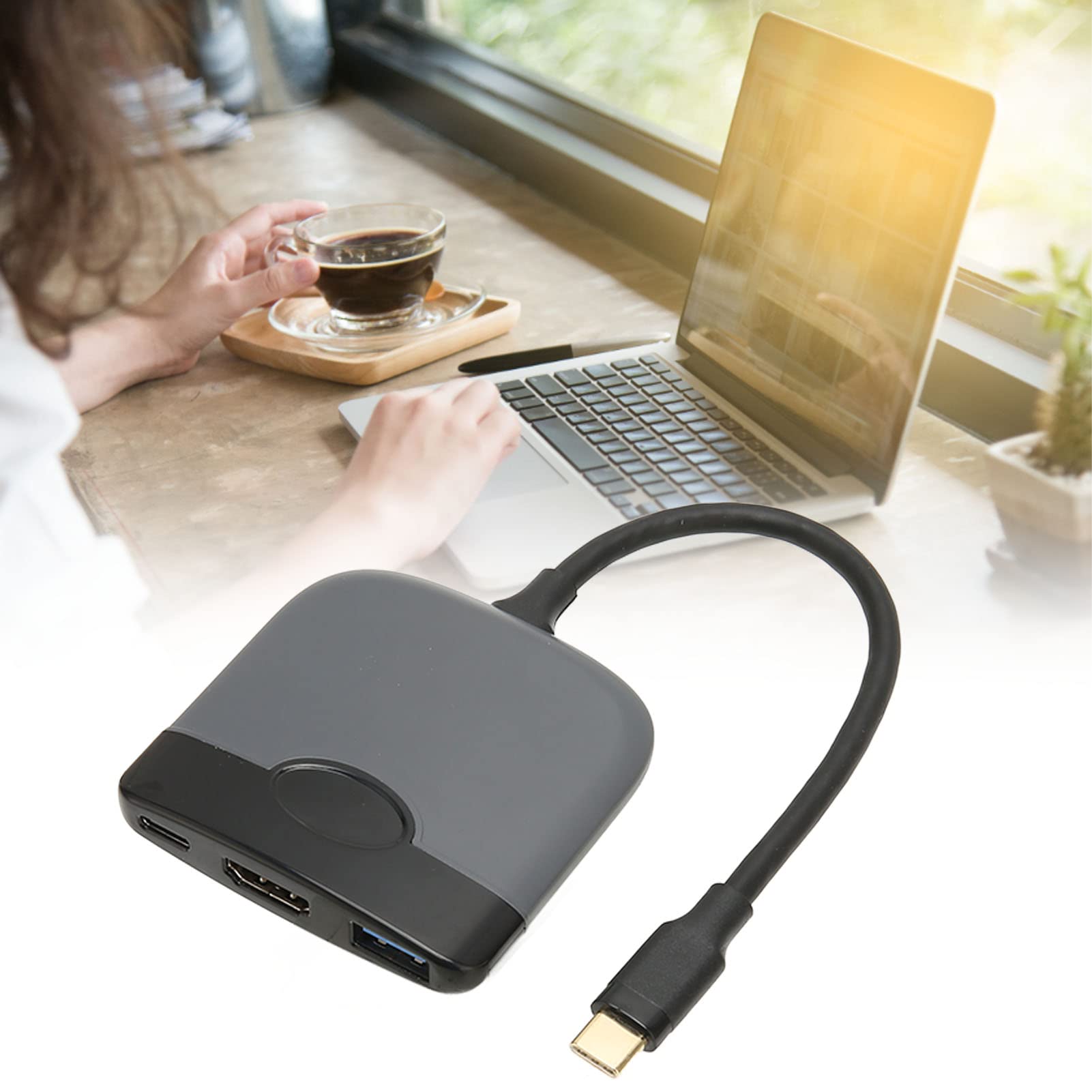 3 in 1 USB C Hub, USB C to HD 3 in 1 Plug and Play Keyboard Multimedia Interface Adapter (Gray Black)