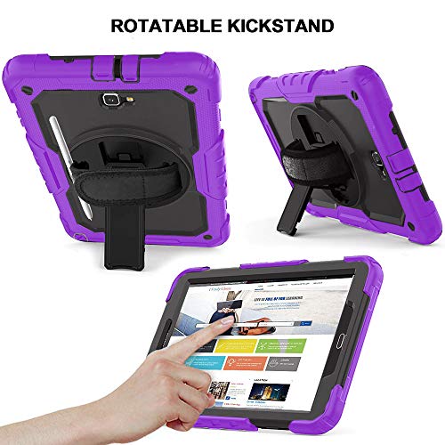 CLARKCAS Case for Samsung Galaxy Tab A 10.1 Case 2016 SM-T580/T585 with Screen Protector Kids Shockproof Rugged Cover Pencil Holder 360 Kickstand Hand Shoulder Strap Purple