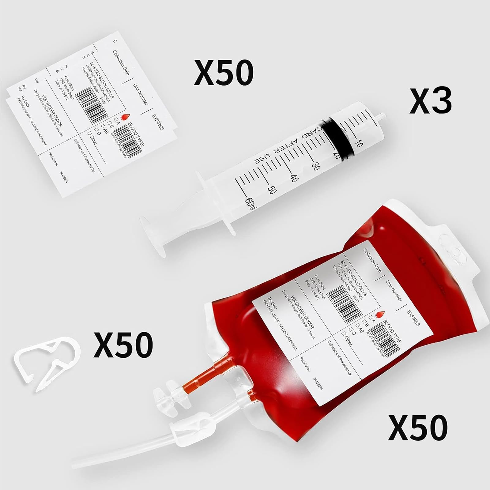 50 Packs Halloween Blood IV Bags for Drinks, Halloween Drinks Pouches Reusable Juice Container for Zombie Theme Carnival Vampire Party Decorations Supplies, 12.6 fl.oz (50pcs Bag, 50 Label,3 Syringes)