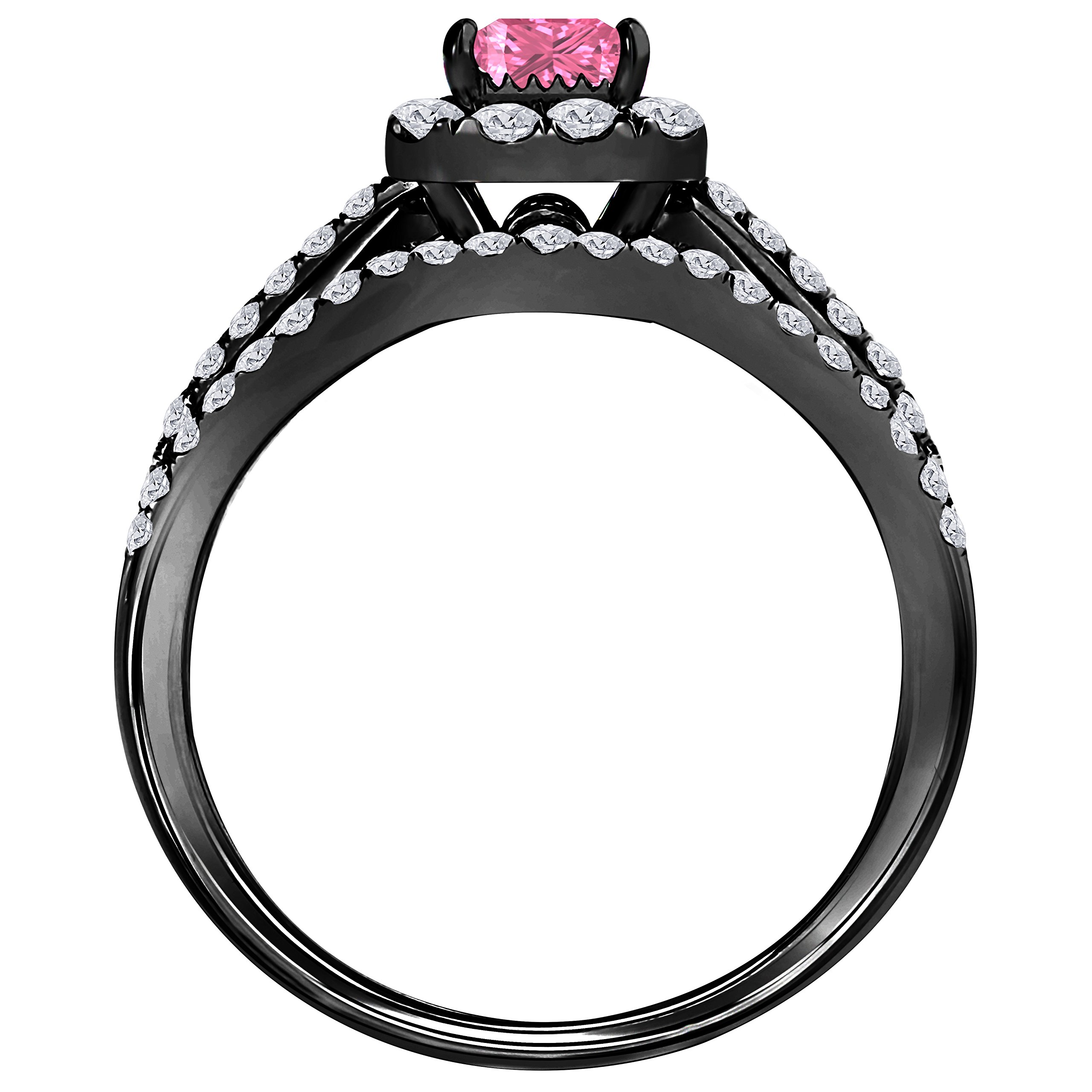 2.00 CT Princess Cut Created Pink Sapphire 14k Black Gold Rhodium Plated Split Shank Halo Style Wedding Engagement Ring Bridal Set