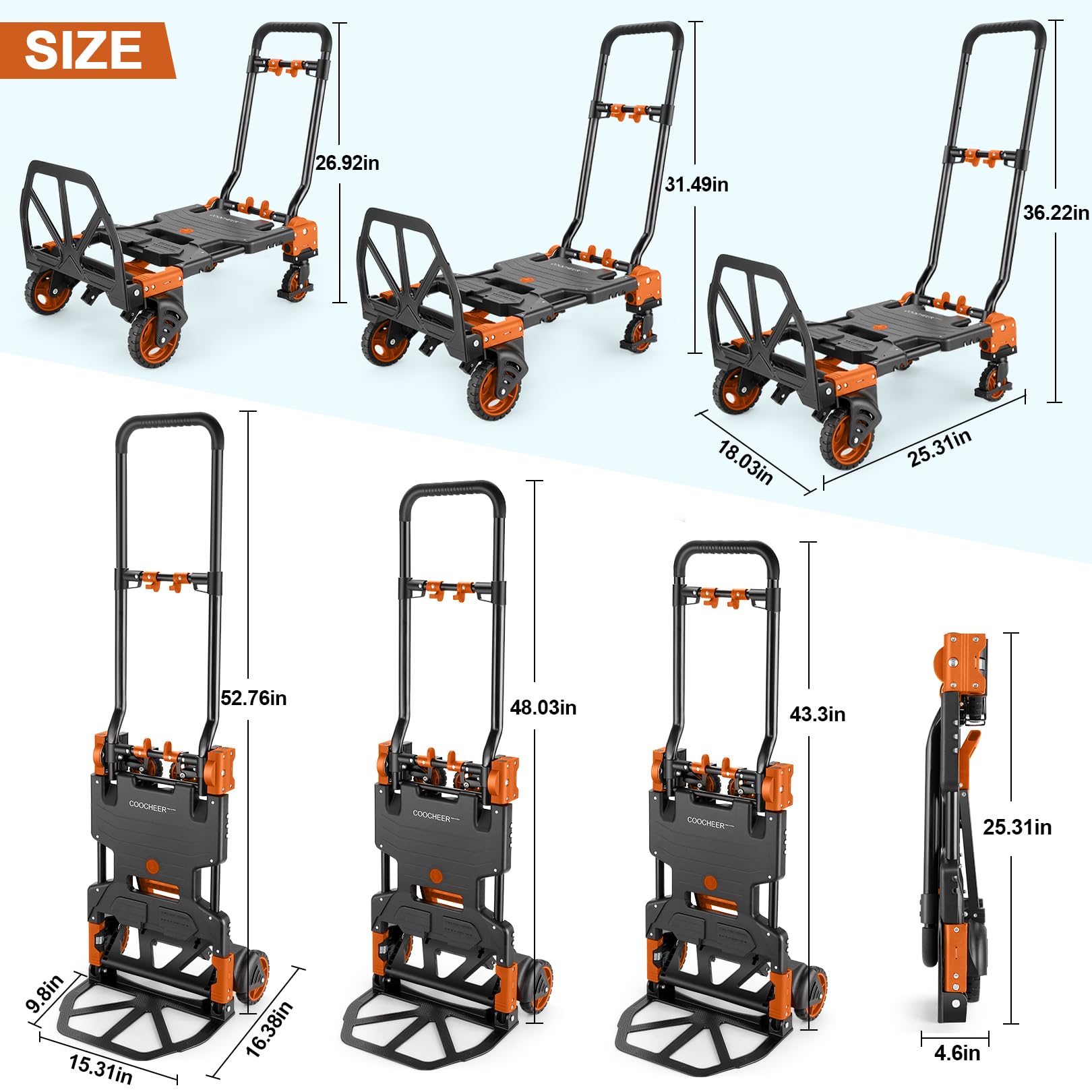 330LB Folding Hand Truck Heavy Duty Carrying, Combination of Four Wheels and Two Wheels Convertible Dolly Cart with Retractable Handle Dolly for Moving Office Carts(Orange)