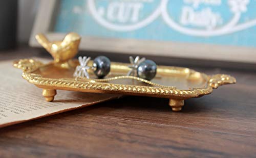 Funly mee Antique Trinket Dish Vintage Golden Metal Jewelry Tray with Bird, Ring Holder