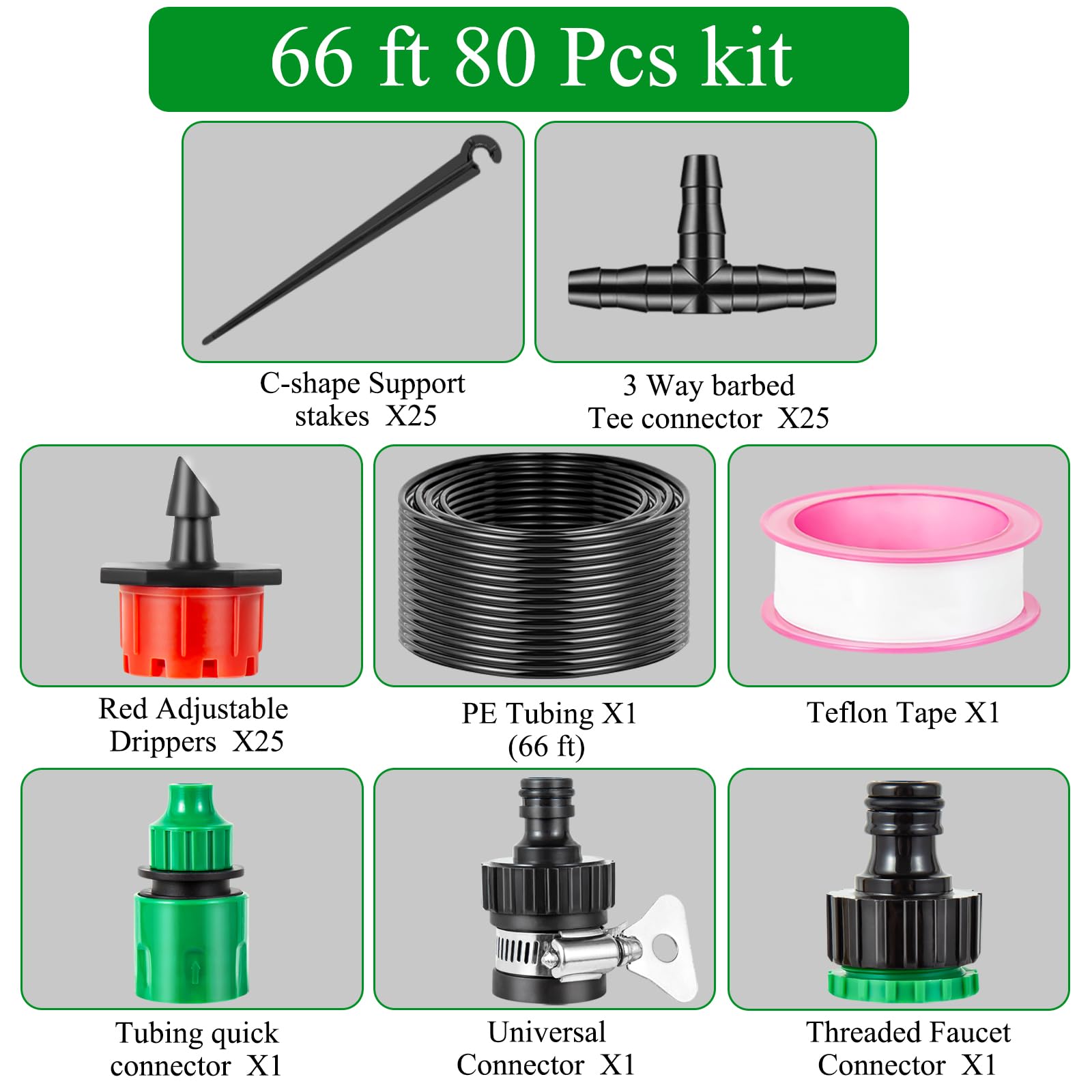 33FT Automatic Drip Irrigation Kit Set, Quick Connector DIY Watering Misting System with 1/4” Distribution Tubing, Nozzle Emitter Barbed Fittings for Plant, Greenhouse, Garden and Yard (33 FT)