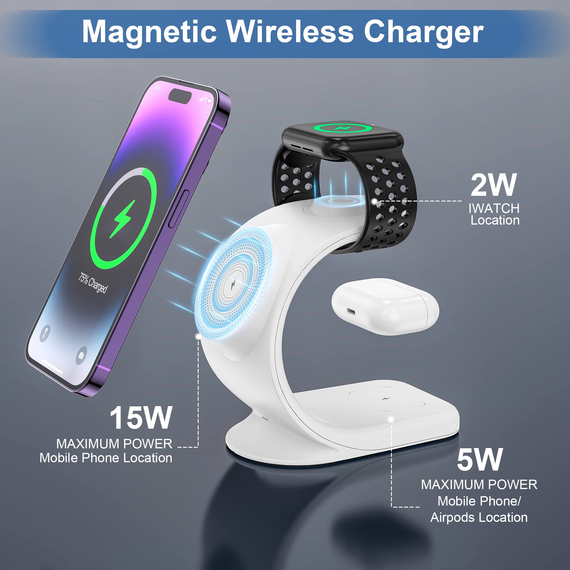 3 in 1 Wireless Apple Charging Station Magnetic Fast Charger Stand Dock Multiple Devices for iPhone 14/Pro/Max/Plus/13/12,Watch Series 8/7/6/SE/5/4,AirPods 3/2/Pro(Adapter Included)