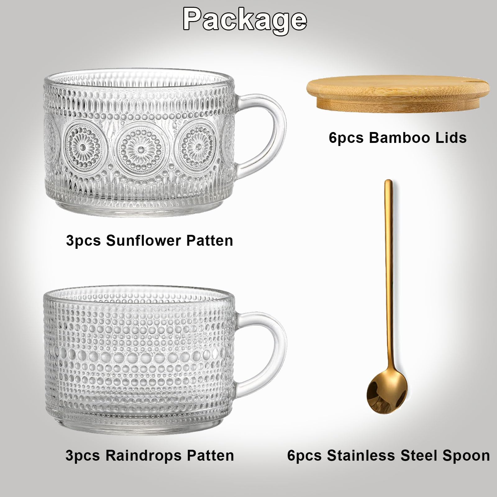 6 Set 14oz Vintage Glass Coffee Mugs with Bamboo Lids and Spoon Clear Embossed Glassware with Handle Glass Coffee Tea Cups for Cappuccino Latte Cereal Yogurt Beverage (6PCS(3*sunflower 3*raindrops))