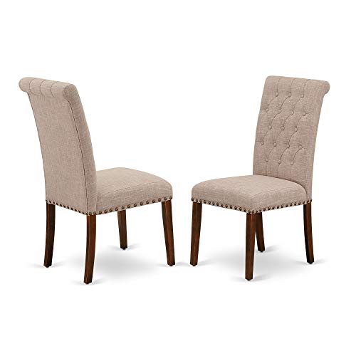 East West Furniture DOBR7-MAH-04 Nook Kitchen Set-Light Fawn Linen Fabric Button-tufted Parsons Chairs-Mahogany Finish 4 legs Hardwood Butterfly Leaf Rectangular Wood Dining Table and Frame, 7-Pc