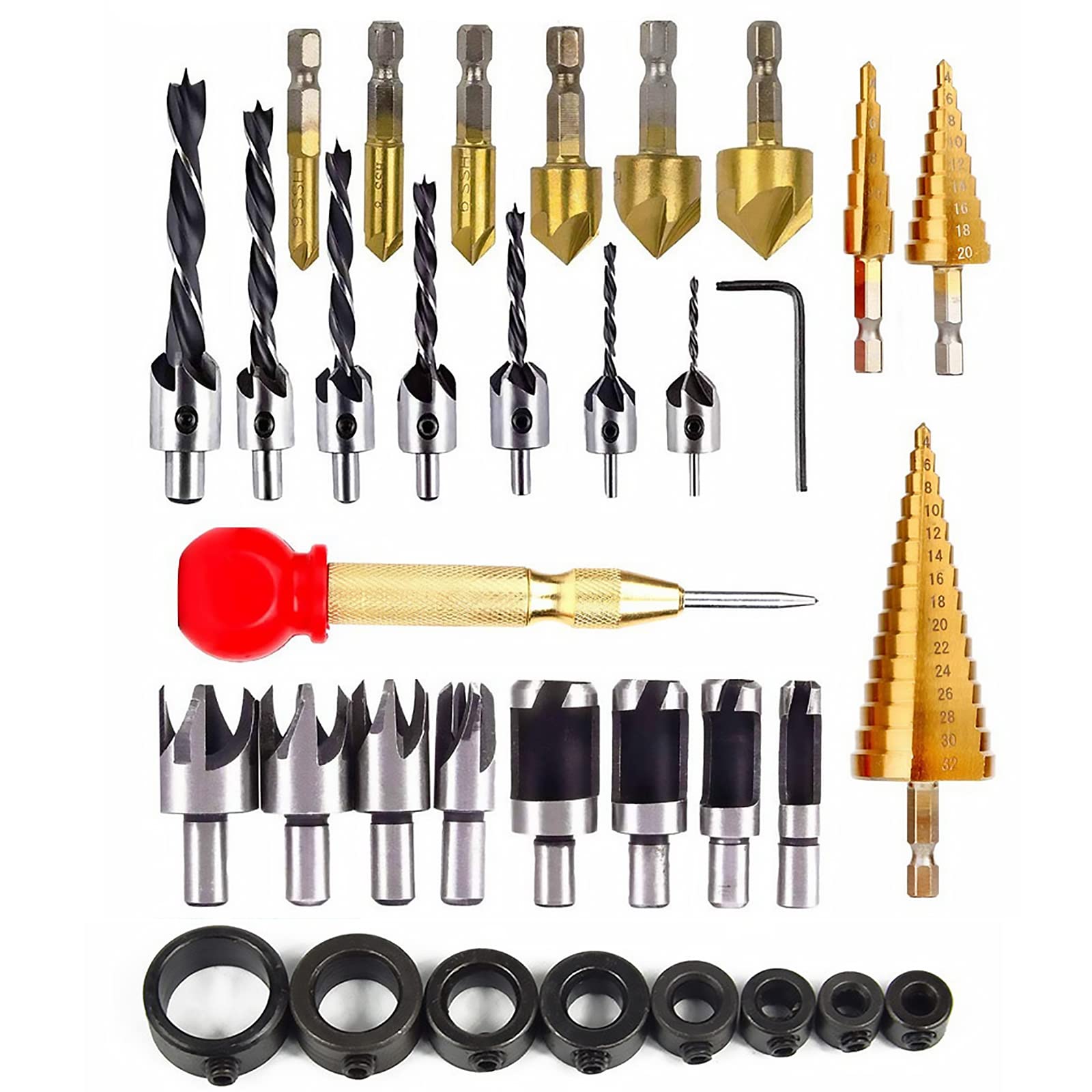 34 Pack Wood Working Chamfer Drilling Tools 6 Countersink Drill Bits 7 Counter Sinker Drill Bit Set 8 Wood Plug Cutter with L-Wrench 8 Drill Stop Bit Collar Set 3 Step Drill Bits