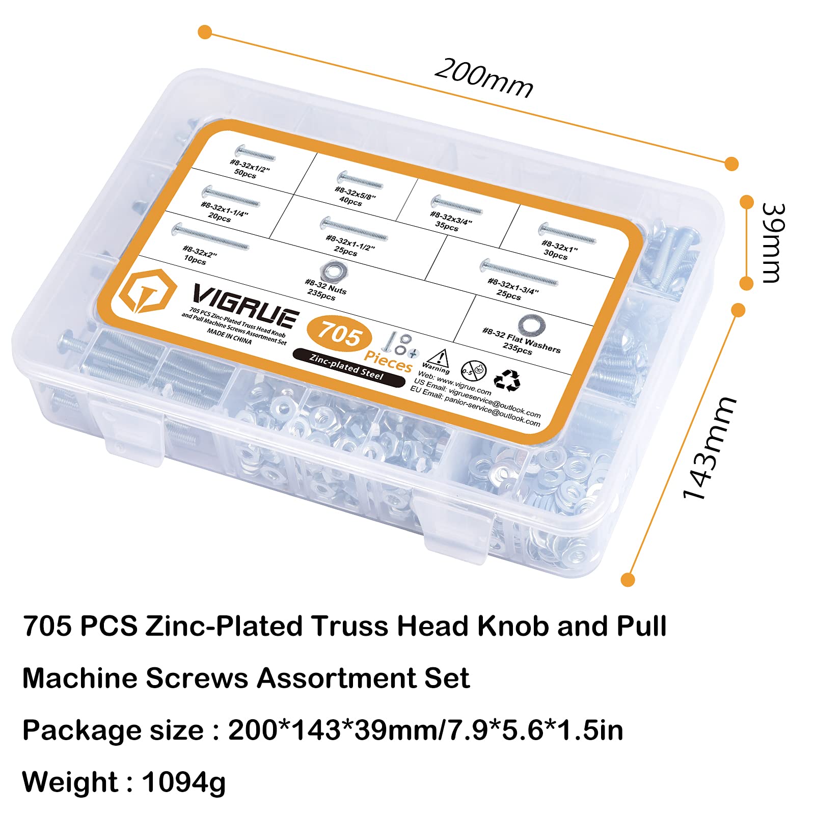 VIGRUE 705PCS #8-32x1/2 to #8-32x2 Machine Screws 8/32 Knob/Pull Screws Bolt Nut Flat Washers Zinc-Plated Steel Phillips Machine Screws Assortment Kit, Cabinet Door and Drawer Screws