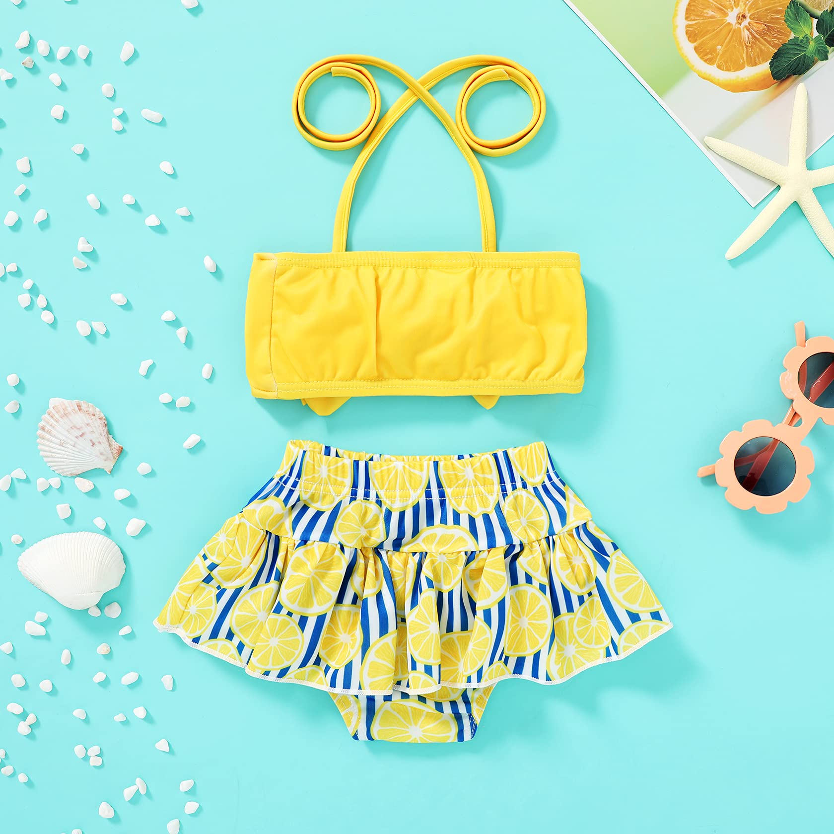 JEELLIGULAR Toddler Baby Girl Swimwear Bowknot Stripe Swimsuit Bathing Suit 2Pcs Bikini Set Outfits Summer (18-24 Months, Lemon)