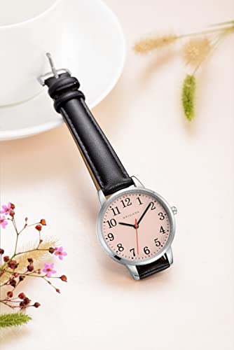 BRIGADA Women's Watch Nice Fashion Elegant Pink Black Leather Band Ladies Watch for Women